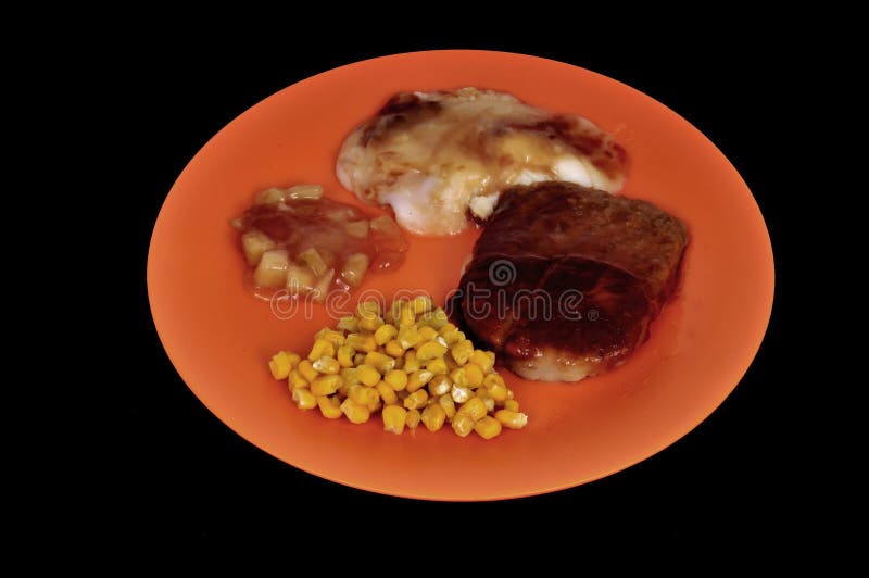 Steak, Mashed Potatoes with Gravy,corn and Apple Puree Stock Photo ...