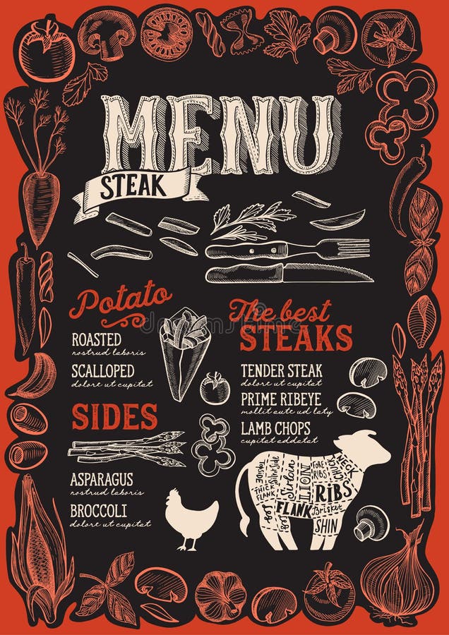 Steak Menu for Restaurant with Frame of Graphic Vegetables. Stock ...
