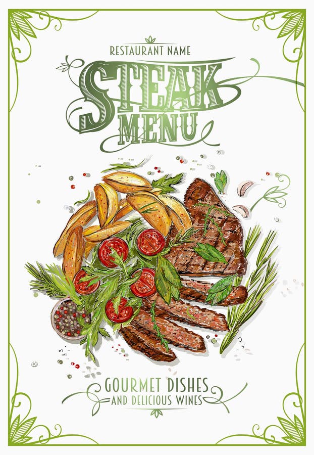 Steak Menu Vector Mockup with Hand Drawn Sketch Illustration of a Beef ...