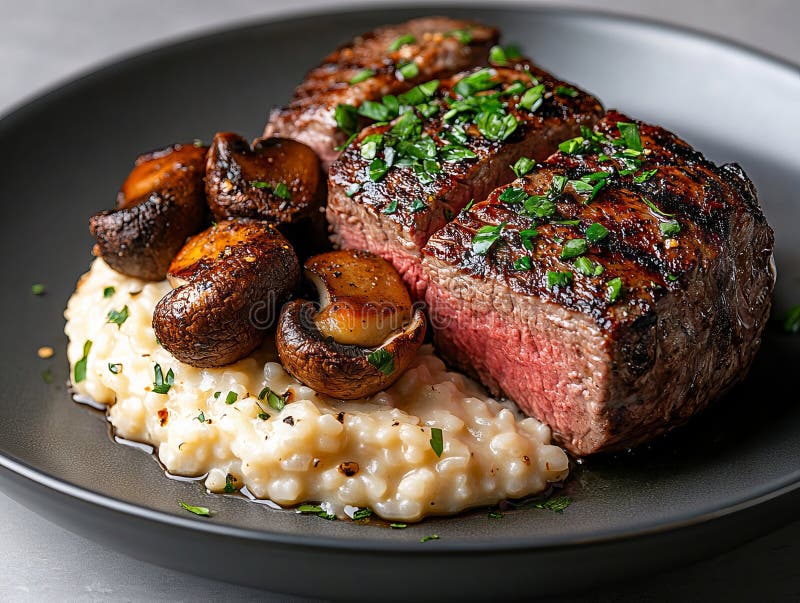 A Steak with Mushrooms and Risotto on a Plate Stock Image - Image of ...