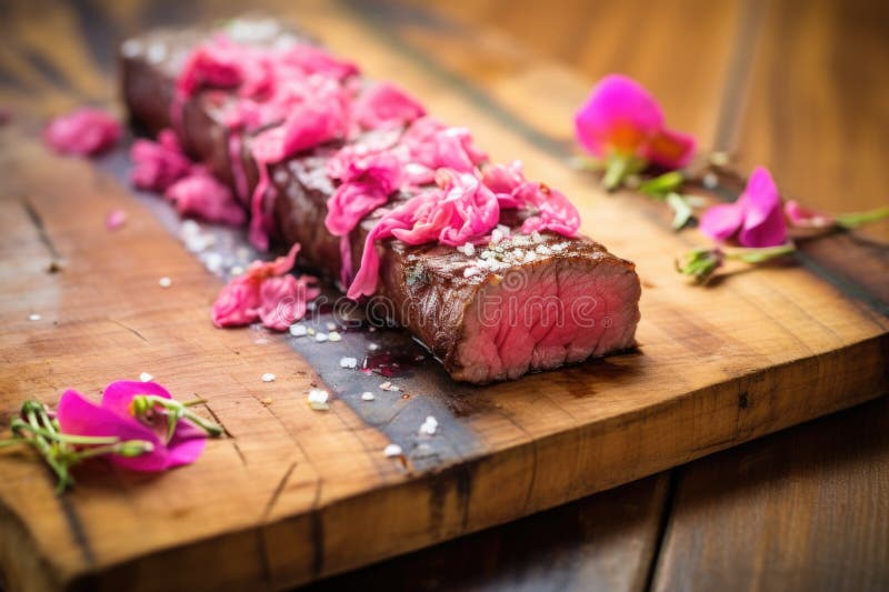 Steak with Pink Center Displayed on Rustic Wooden Board Stock ...