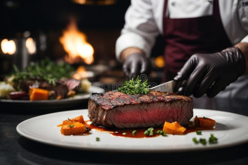 Steak on a Plate. Chef with Perfect Steak Stock Image - Image of ...