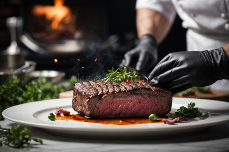 Steak on a Plate. Chef with Perfect Steak Stock Photo - Image of ...