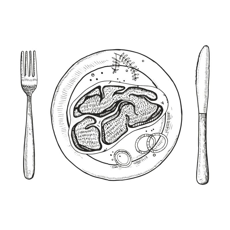 Steak on a Plate with a Fork and Knife. Vector Hand Drawing Stock ...