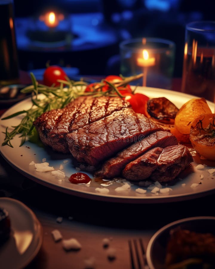 Steak on a Plate in a Restaurant, Romantic Atmosphere, Dinner Stock ...