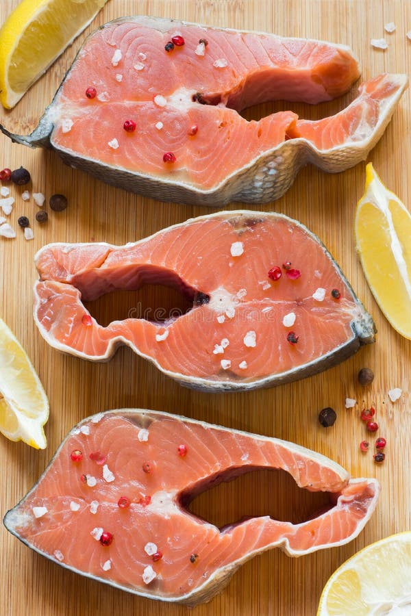 Steak Raw Red Fish with Lemon and Spices Dark Background Stock Photo ...