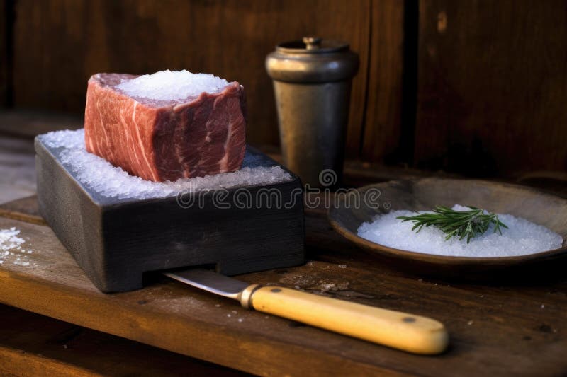 Steak Resting Next To Salt Block on Board Stock Illustration ...
