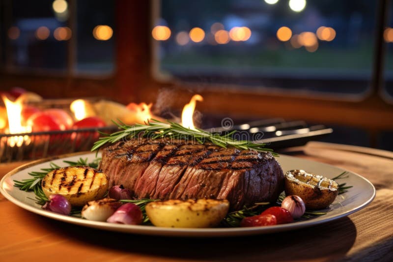 Steak Resting on a Plate with Grill in Background Stock Illustration ...