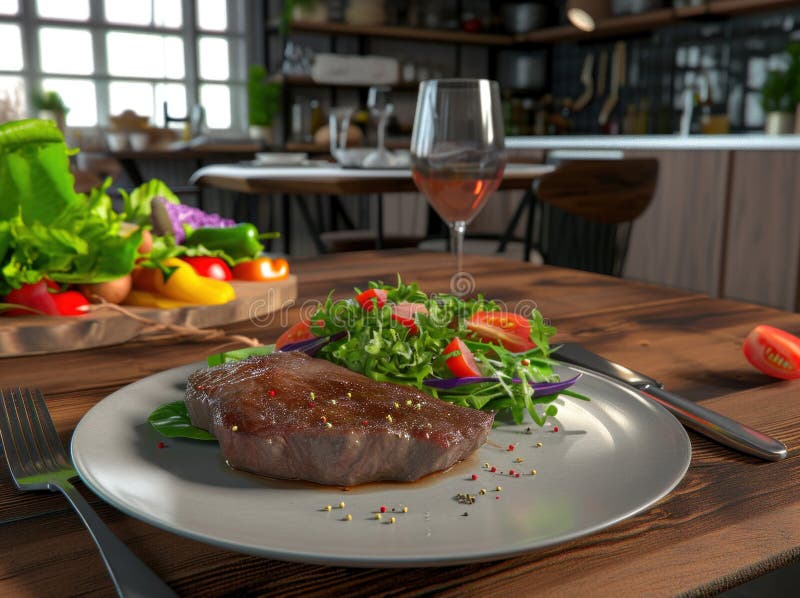 Steak and Salad on a Dining Table Stock Photo - Image of plate ...