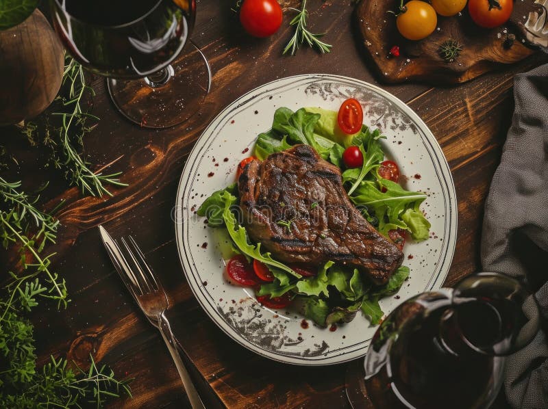 Steak and Salad on a Dining Table Stock Image - Image of food, salad ...