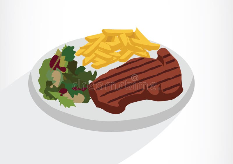 Steak With Salad And French Fries On A Platevector Illustration On A White Background Stock