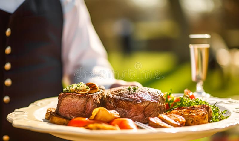 Steak Served by a Waiter at a Luxury Event Outdoors, Fine Dining, Post ...