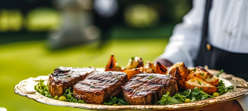 Steak Served by a Waiter at a Luxury Event Outdoors, Fine Dining, Post ...