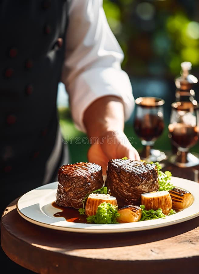 Steak Served by a Waiter at a Luxury Event Outdoors, Fine Dining, Post ...