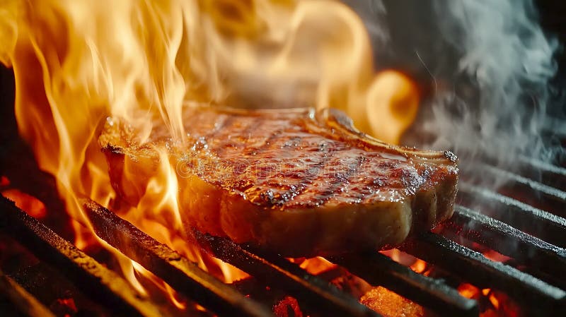 A Steak Sizzling on a Grill, with Smoke and Fire Creating a Dramatic ...