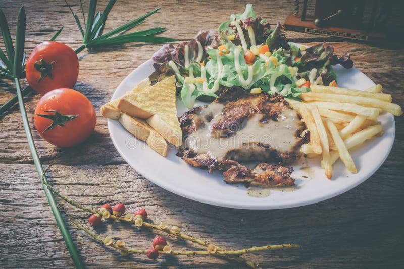Steak on Table Top Viwe Wooden Stock Image - Image of sauce, sirloin ...