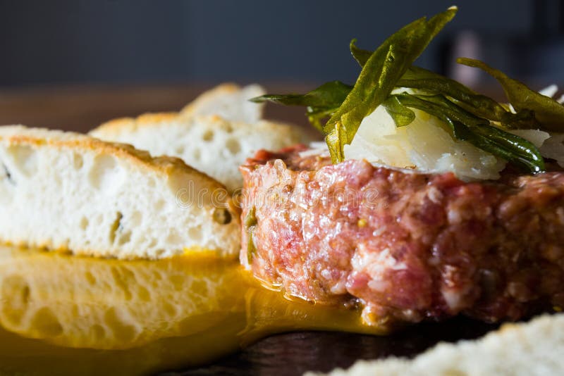 Steak Tartar with egg. stock photo. Image of minced - 264618314
