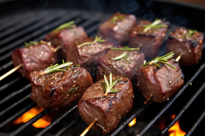 Steak Tips Grilling with Garlic and Rosemary Sprigs Stock Illustration ...