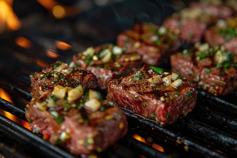 Steaks Brushed with Olive Oil and Chopped Garlic Sizzle on the Grill ...