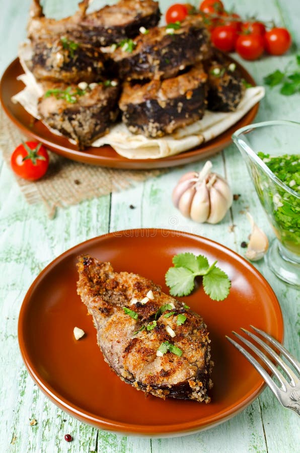 Steaks of Carp in Bread Crumbs and Spices Stock Image - Image of ...