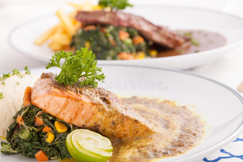 Steaks decor stock photo. Image of food, lemon, fish - 84018810