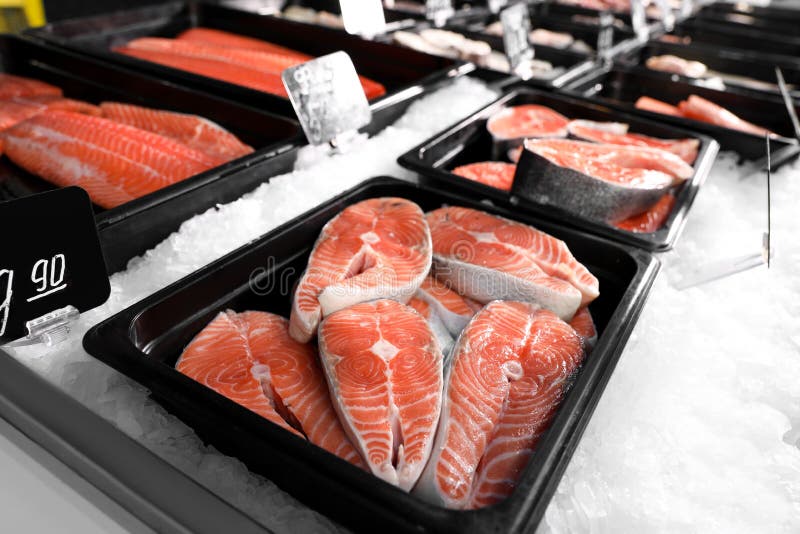 Steaks of Fish on Ice in Supermarket Stock Image - Image of market ...