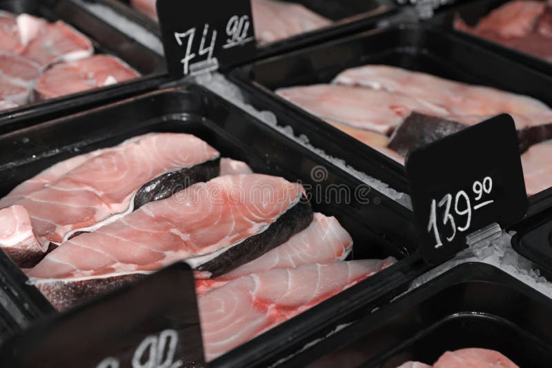 Steaks of Fresh Fish in Supermarket Stock Photo - Image of assortment ...