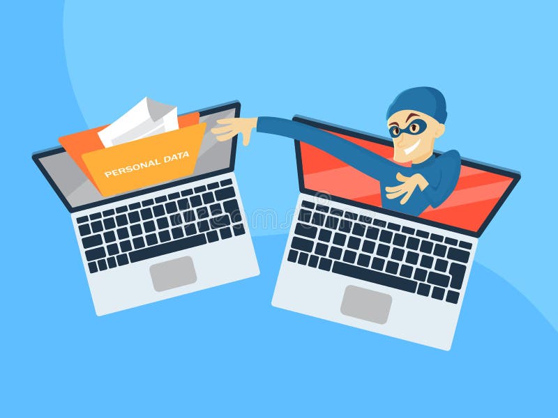 Stealing Data on Monitor Design Concept. Hacker Character Doing Cyber ...