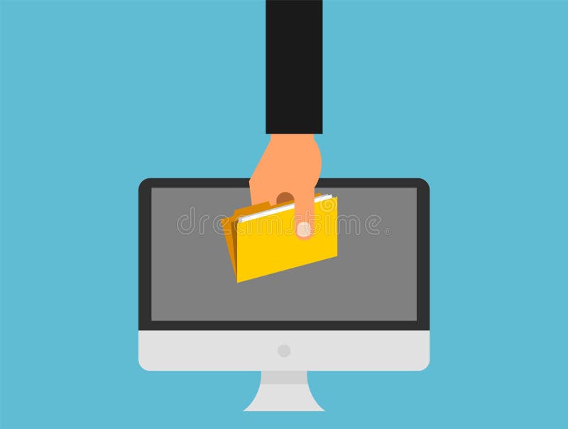 Stealing Information from the Computer. a Hand is Taking Away Folder ...