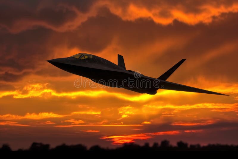 Stealth Aircraft Silhouette Against Sunset Sky Stock Illustration ...