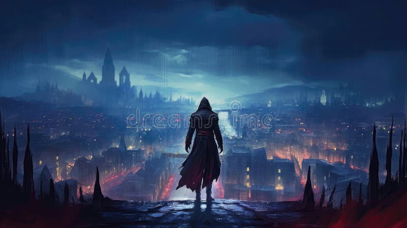 The Stealthy Assassin is Shown Out in Front of a Dimly Lit Cityscape ...