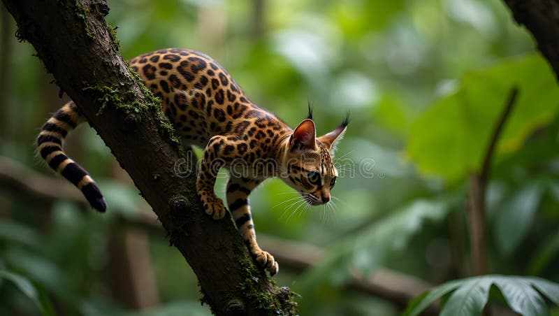Stealthy Margay Cat Navigating Tropical Rainforest Trees Stock ...