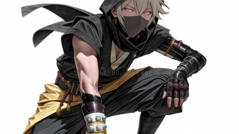 Stealthy Ninja Character Crouching in Dynamic Pose with Intense ...