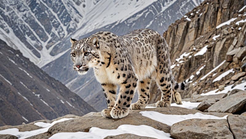 Stealthy Snow Leopard on Icy Himalayan Terrain Nature Photography Stock ...