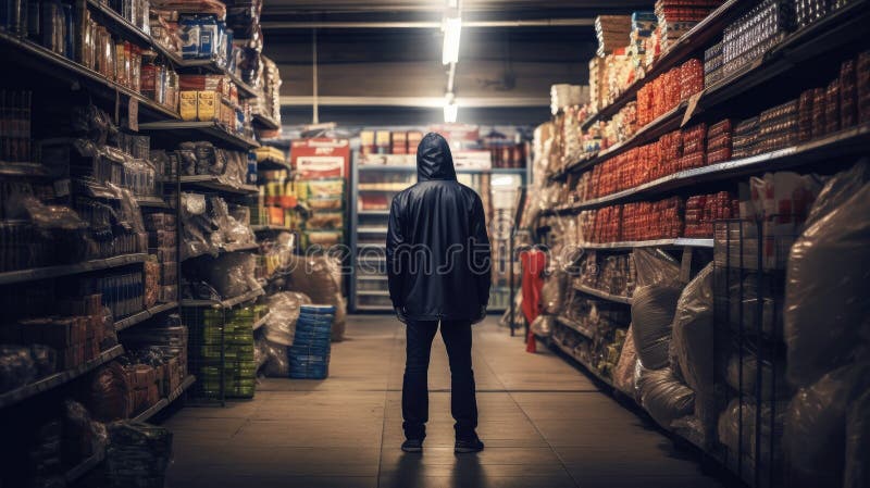 A Stealthy Thief, Seen from Behind, Navigates a Store, Ready Stock ...