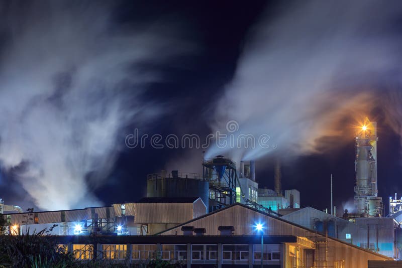 Steam Billows from a Pulp and Paper Mill at Night Stock Photo - Image ...