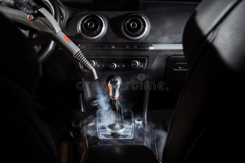 Steam Cleaning of Gearbox and Dashboard in Car. Vaping Steam Stock ...