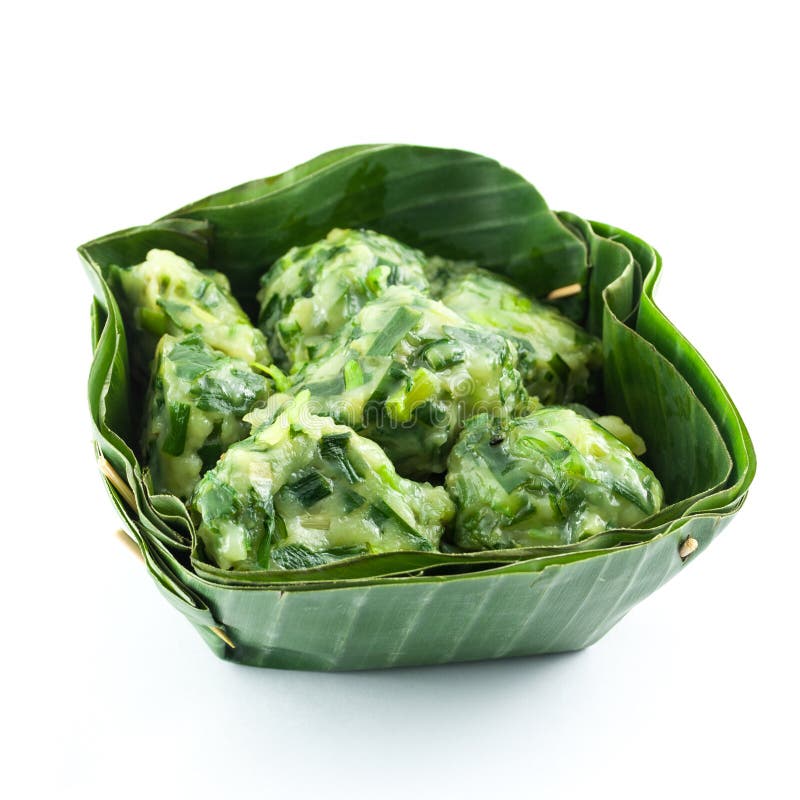 Steam Dumpling Stuff with Garlic Chives in Banana Leaf Stock Image ...