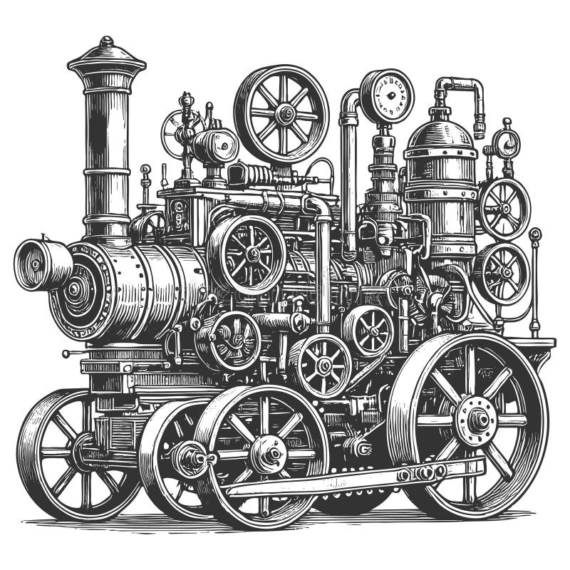 Steam Engine with Gears Engraving Raster Stock Image - Image of ...