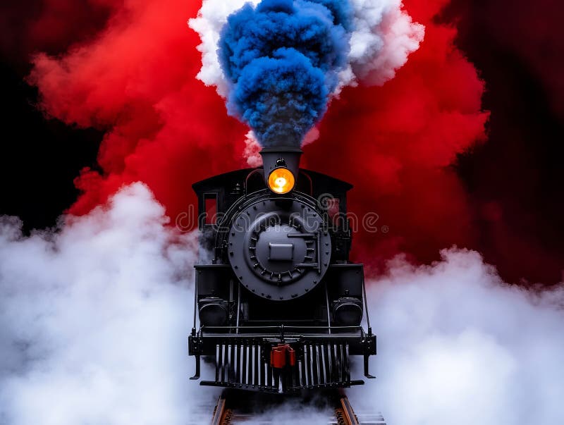 A Steam Engine with Red White and Blue Smoke Coming Out of it Stock ...