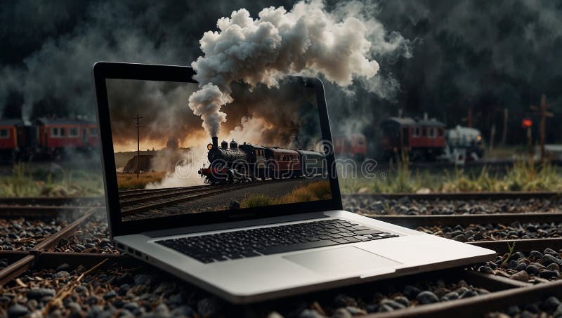 Steam Engine Train Coming Out of a Laptop Screen. Human Civilization ...