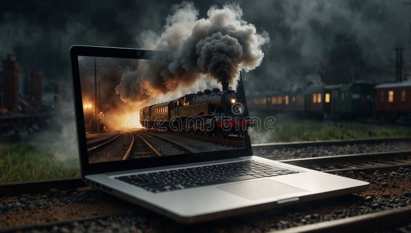 Steam Engine Train Coming Out of a Laptop Screen. Human Civilization ...