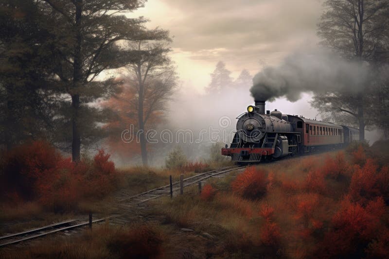 Steam Engine Train in a Foggy Landscape Stock Illustration ...