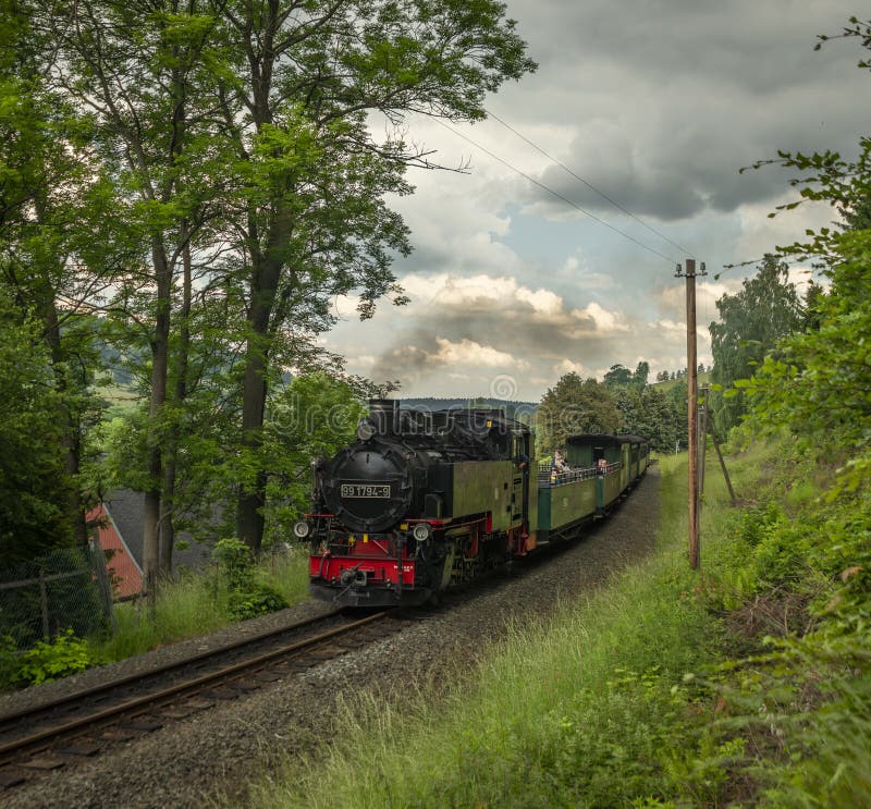 Steam Engine Train with Passengers in Summer Day Near Neudorf Germany ...
