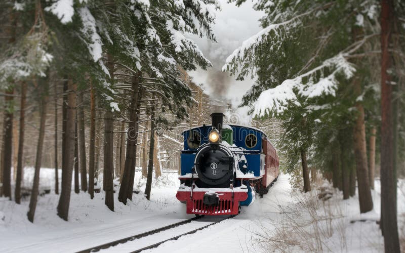 Steam Engine Train in a Snowy Forest with Festive Christmas Decorations ...