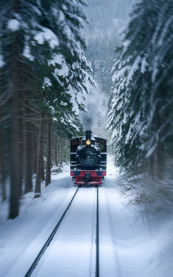 Steam Engine Train in a Snowy Forest with Festive Christmas Decorations ...