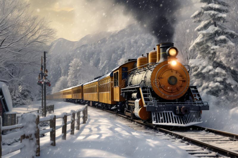 Steam Engine Train in a Snowy Winter Scene Stock Illustration ...