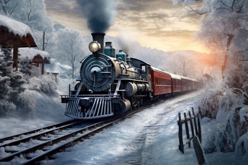 Steam Engine Train in a Snowy Winter Scene Stock Illustration ...