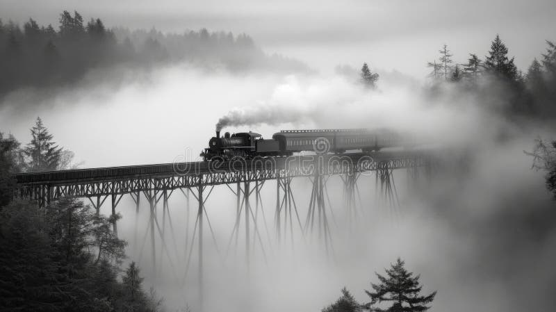 Steam Engine Train on a Wooden Trestle Bridge through Misty Forest ...