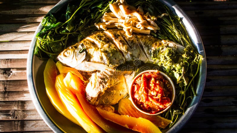 Steam fish stock photo. Image of crockery, banana, eating - 105562390